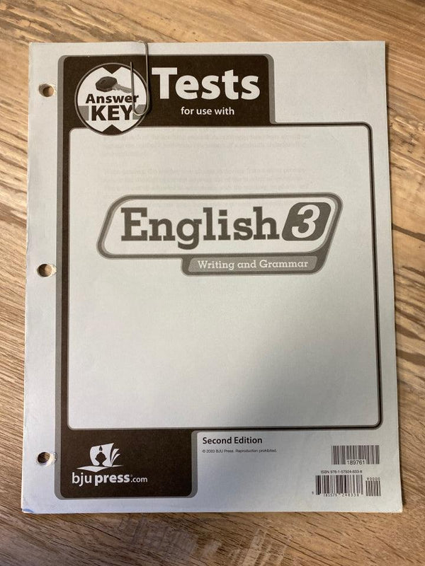 BJU English 3 Test Answer Key; Second Edition – First Homeschool